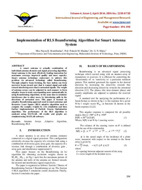 Pdf Implementation Of Rls Beamforming Algorithm For Smart Antenna System