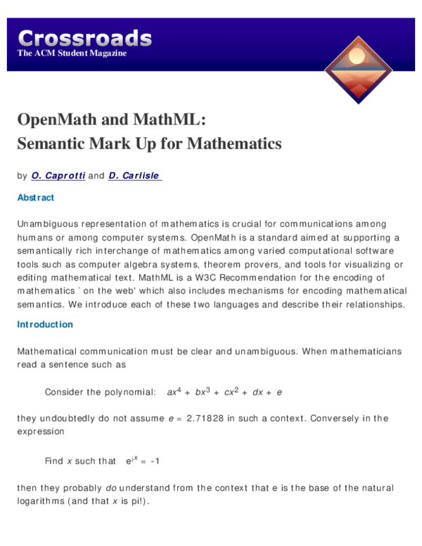 (PDF) OpenMath and MathML: semantic markup for mathematics | Olga ...