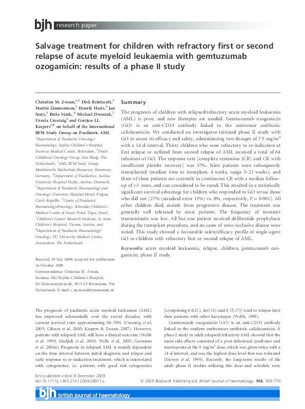 (PDF) Salvage treatment for children with refractory first or second relapse of acute myeloid ...