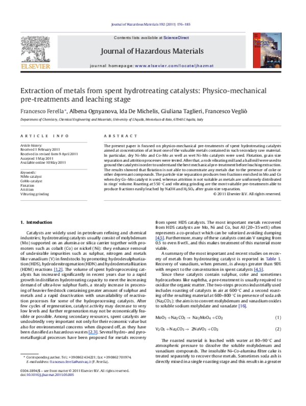 (PDF) Extraction of metals from spent hydrotreating catalysts: Physico ...