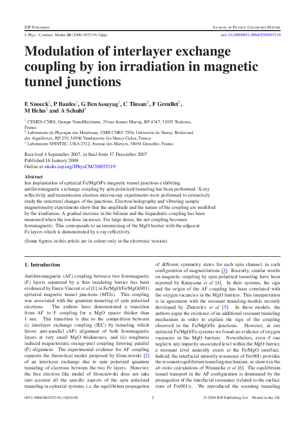 (PDF) Modulation of interlayer exchange coupling by ion irradiation in magnetic tunnel junctions ...