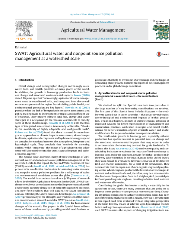 (PDF) SWAT: Agricultural water and nonpoint source pollution management at a watershed scale