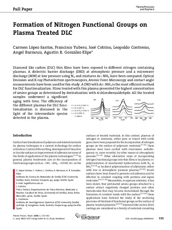 (PDF) Formation of Nitrogen Functional Groups on Plasma Treated DLC