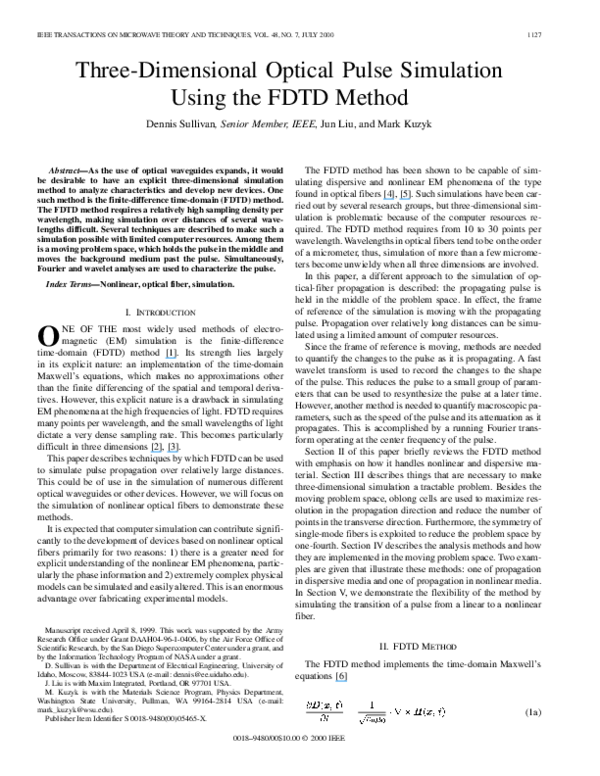 Pdf Three Dimensional Optical Pulse Simulation Using The Fdtd Method