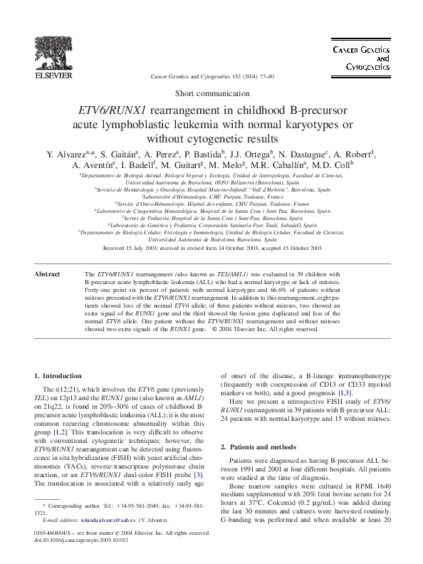 (PDF) ETV6/RUNX1 rearrangement in childhood B-precursor acute ...