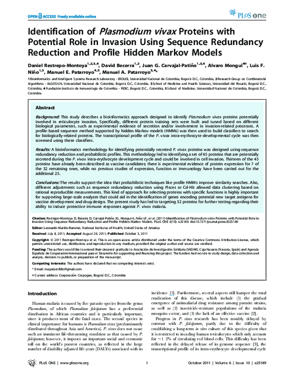 (PDF) Identification of Plasmodium vivax Proteins with Potential Role in Invasion Using Sequence ...