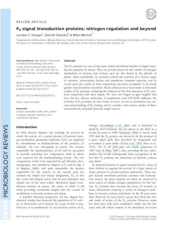 (PDF) PII signal transduction proteins: nitrogen regulation and beyond ...