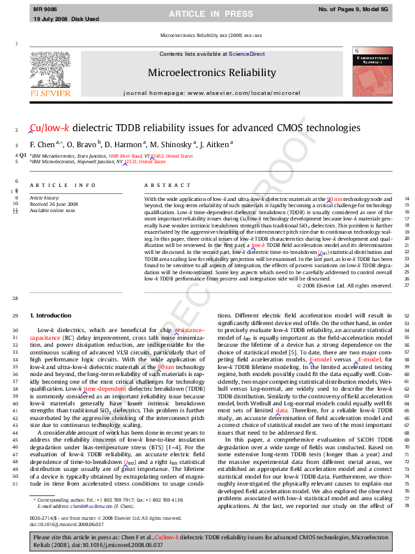 (PDF) Cu/low-k dielectric TDDB reliability issues for advanced CMOS ...