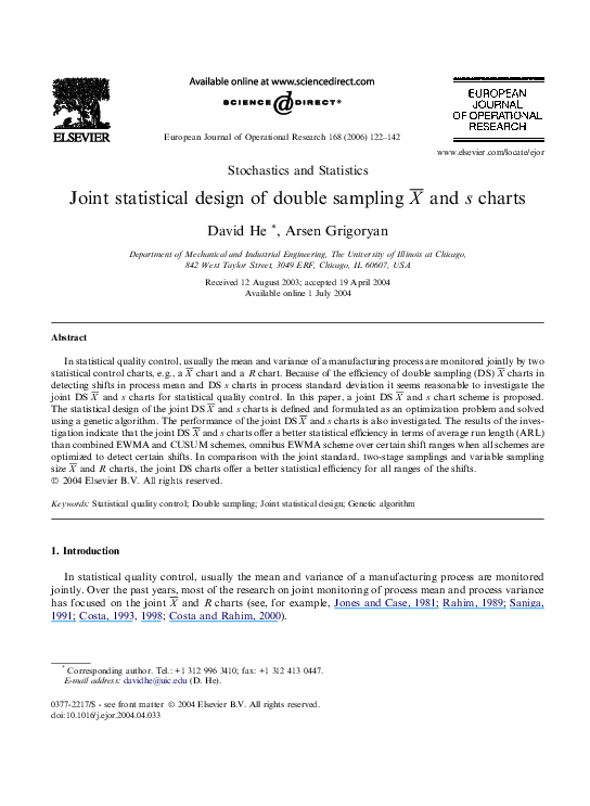 Pdf Joint Statistical Design Of Double Sampling X And S Charts