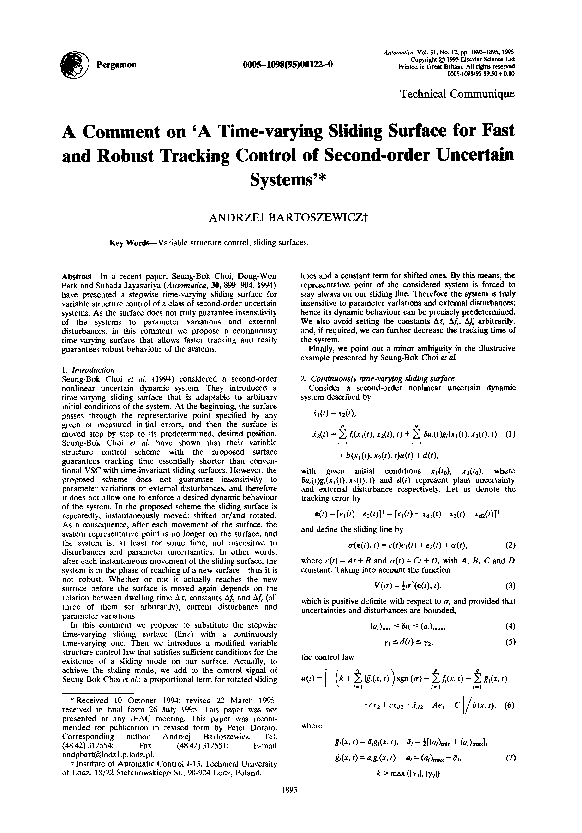 (PDF) A comment on ‘A time-varying sliding surface for fast and robust tracking control of ...