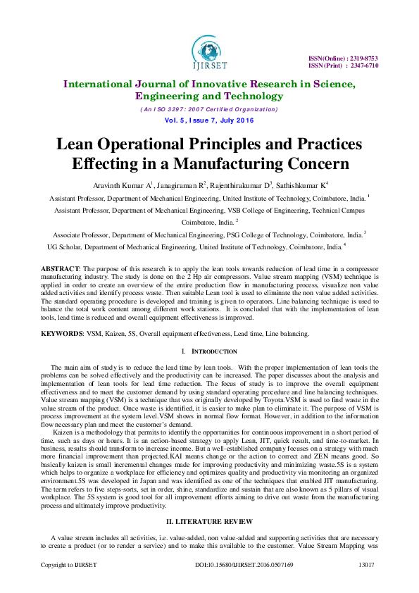(PDF) Lean Operational Principles and Practices Effecting in a Manufacturing Concern