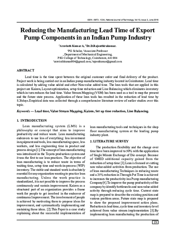 (PDF) Reducing the Manufacturing Lead Time of Export Pump Components in ...