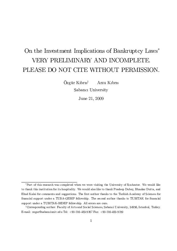 (PDF) On the Investment Implications of Bankruptcy Laws ∗ VERY PRELIMINARY AND INCOMPLETE ...