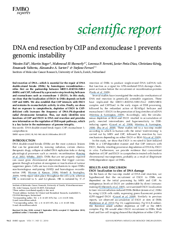 (PDF) DNA end resection by CtIP and exonuclease 1 prevents genomic ...