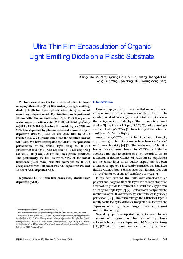 Pdf Ultra Thin Film Encapsulation Of Oled On Plastic Substrate