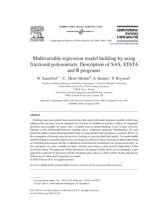 Pdf Multivariable Regression Model Building By Using Fractional Polynomials Description Of