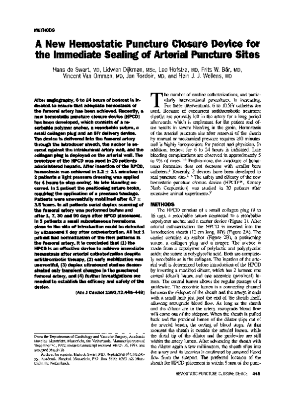(PDF) A new hemostatic puncture closure device for the immediate ...