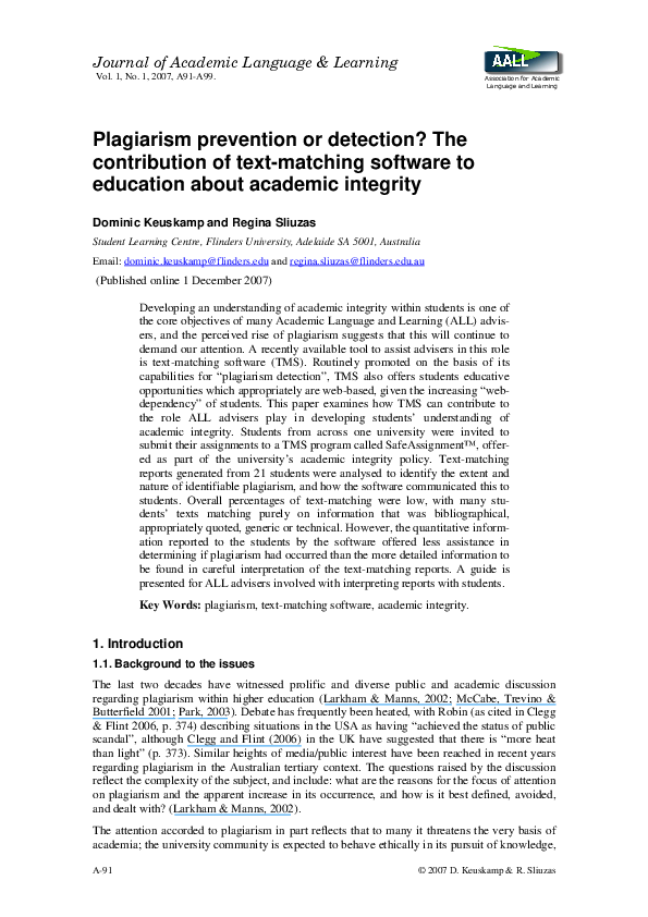 (PDF) Plagiarism prevention or detection? The contribution of text-matching software to ...