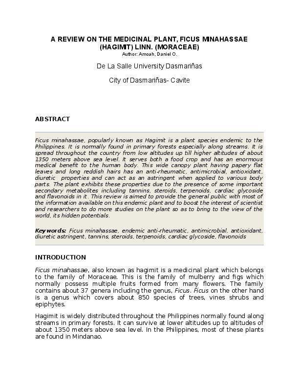 (DOC) A REVIEW ON THE MEDICINAL PLANT, FICUS MINAHASSAE (HAGIMIT) LINN ...