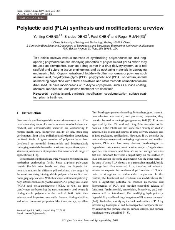 (PDF) Polylactic acid (PLA) synthesis and modifications: a review