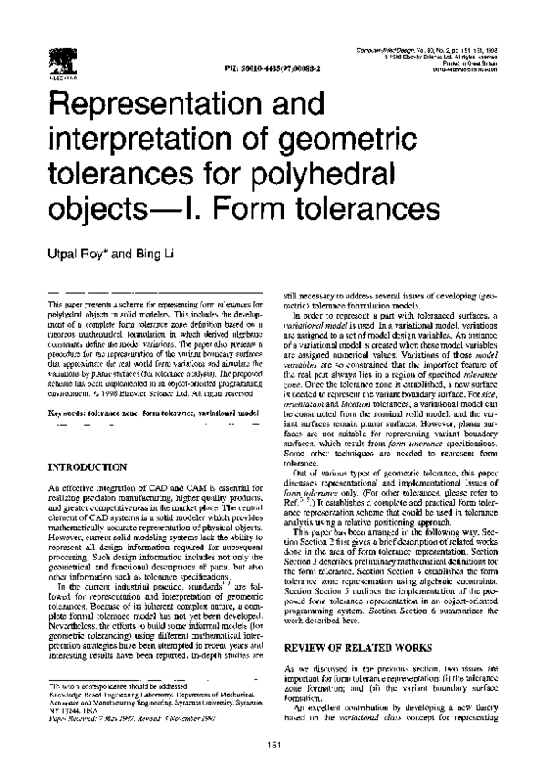 (PDF) Representation and interpretation of geometric tolerances for polyhedral objects - I. Form ...