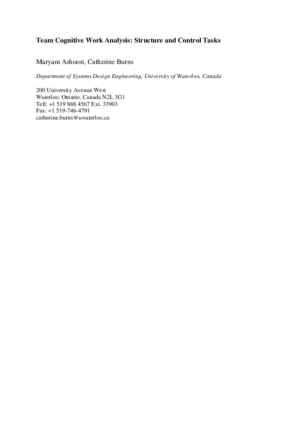 (PDF) Team Cognitive Work Analysis: Structure and Control Tasks ...