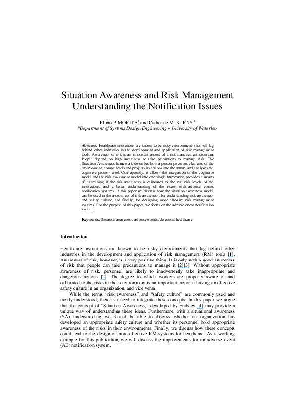 (PDF) Situation Awareness and risk management understanding the ...