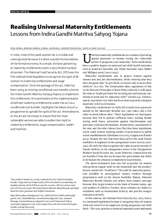 (PDF) Realising Universal Maternity Entitlements: Lessons from Indira ...