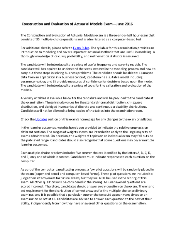 (PDF) Construction and Evaluation of Actuarial Models Exam—June 2016