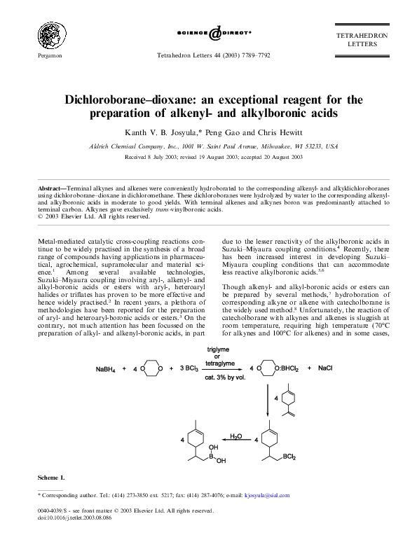 (PDF) Dichloroborane–dioxane: an exceptional reagent for the ...
