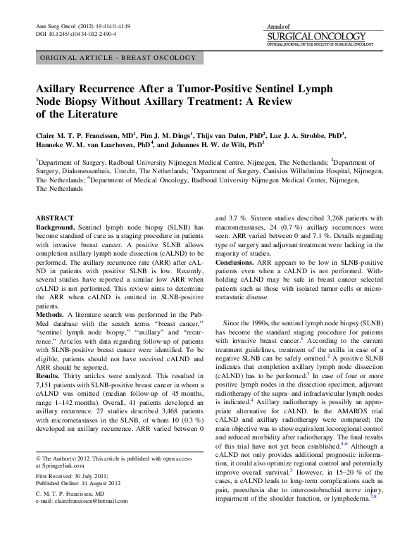 Pdf Axillary Recurrence After A Tumor Positive Sentinel Lymph Node Biopsy Without Axillary