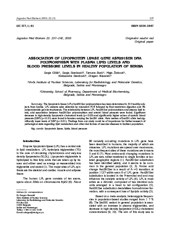 (PDF) Association of lipoprotein lipase gene Asn291Ser DNA polymorphism ...