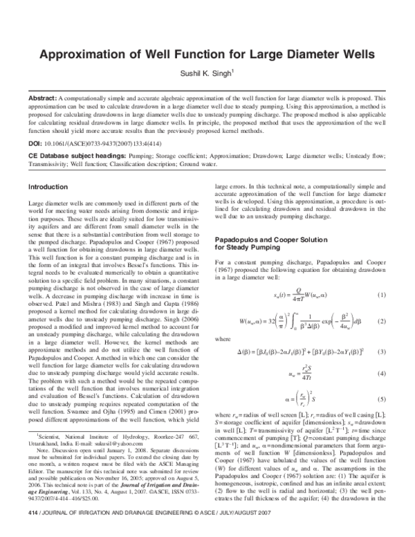 (PDF) Approximation of Well Function for Large Diameter Wells