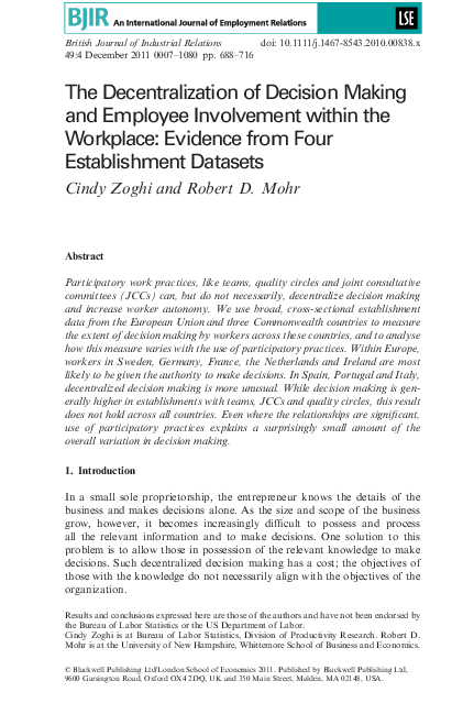 (PDF) The Decentralization of Decision Making and Employee Involvement ...