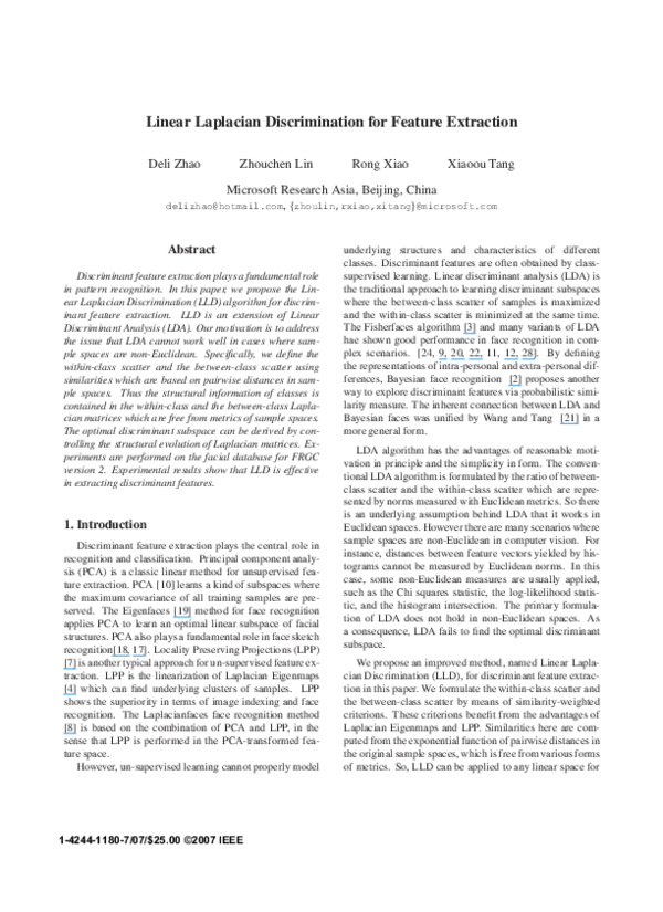 (PDF) Linear Laplacian Discrimination for Feature Extraction