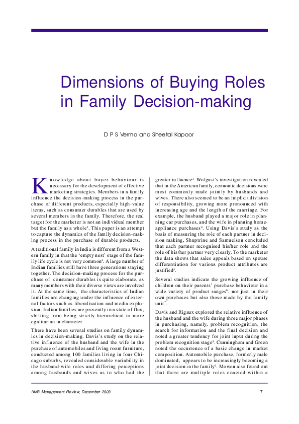 (PDF) Dimensions of Buying Roles in Family Decision-making