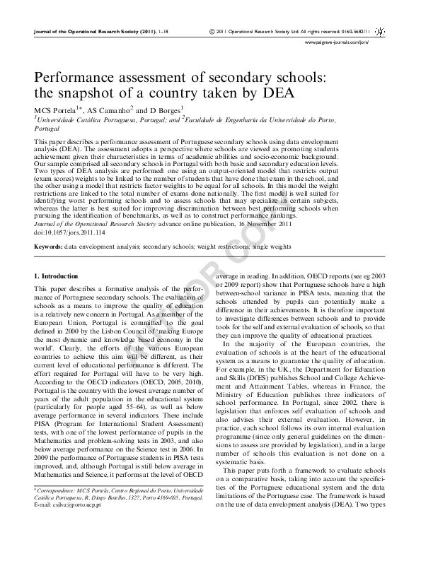 (PDF) Performance assessment of secondary schools: the snapshot of a ...