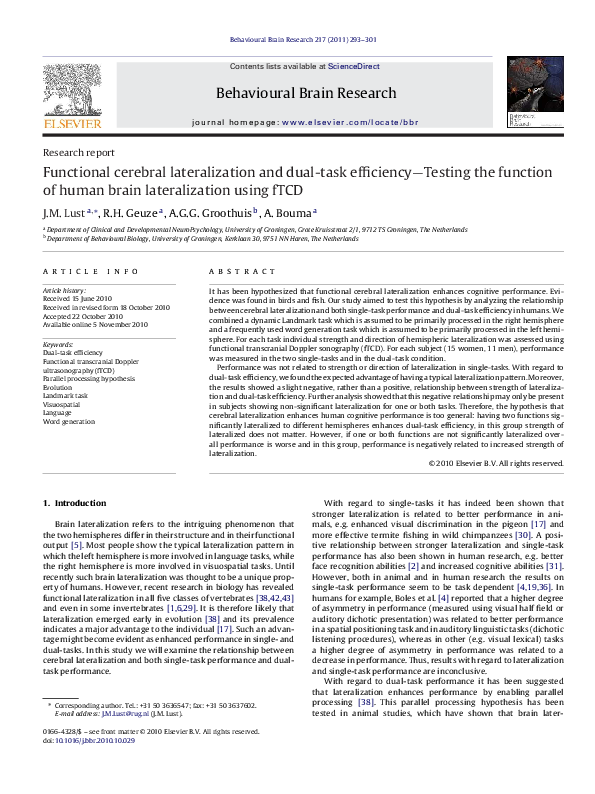 (PDF) Functional cerebral lateralization and dual-task efficiency ...