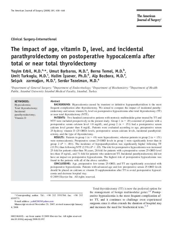 (PDF) The impact of age, vitamin D 3 level, and incidental parathyroidectomy on postoperative ...
