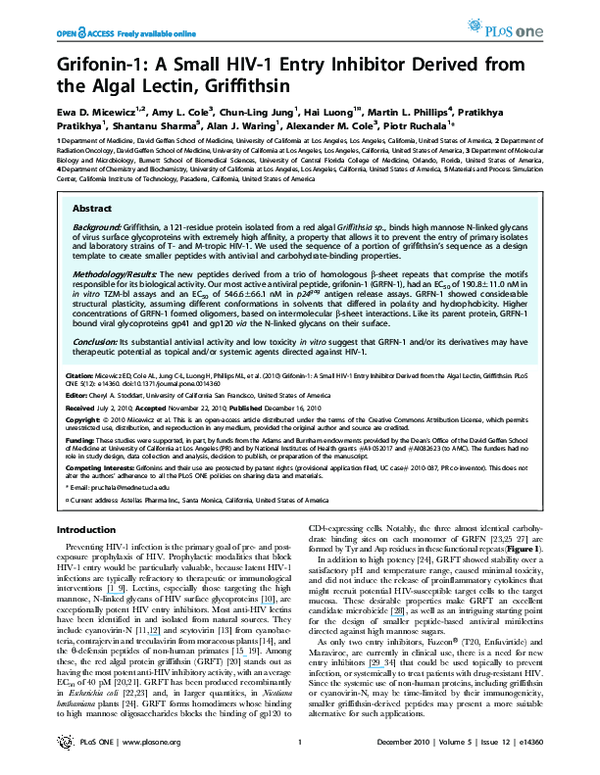 (PDF) Grifonin-1: A Small HIV1 Entry Inhibitor Derived from the Algal ...