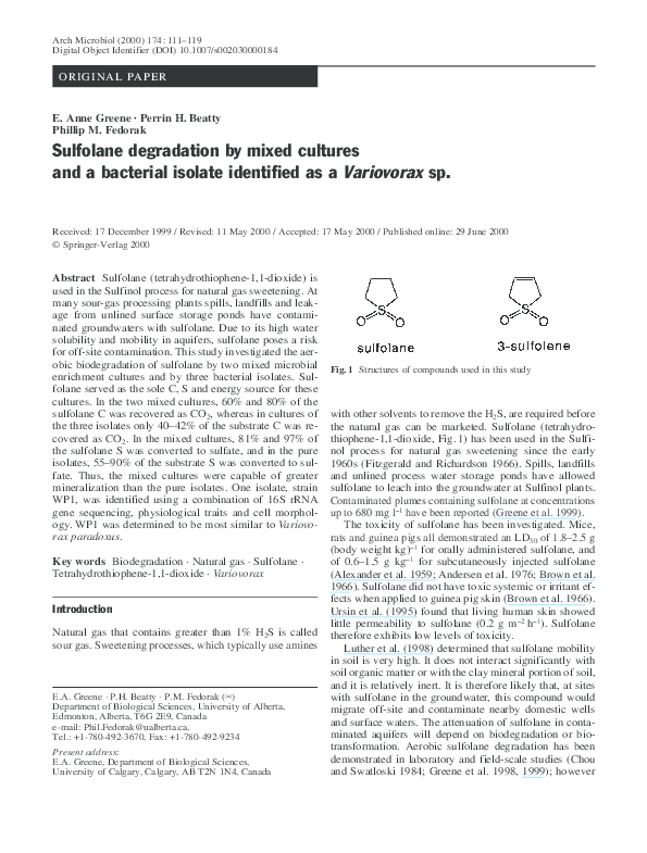 (PDF) Sulfolane degradation by mixed cultures and a bacterial isolate identified as a Variovorax sp