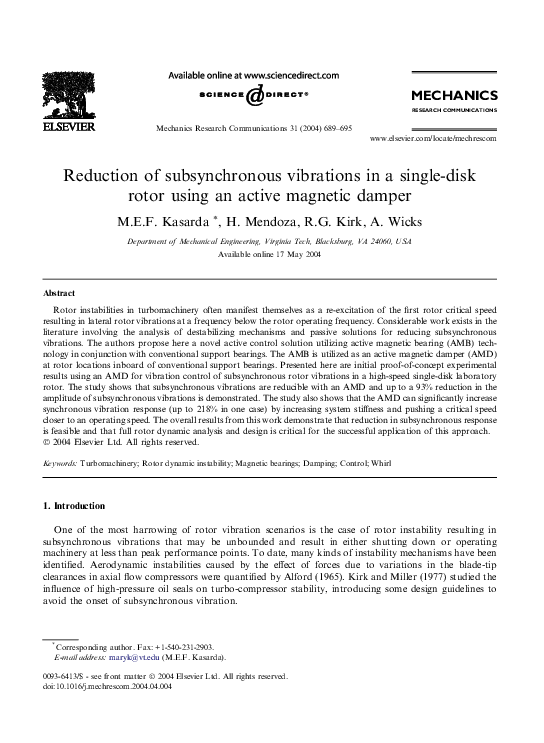 Pdf Reduction Of Subsynchronous Vibrations In A Single Disk Rotor Using An Active Magnetic Damper
