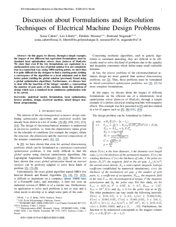 (PDF) Discussion about formulations and resolution techniques of electrical machine design problems