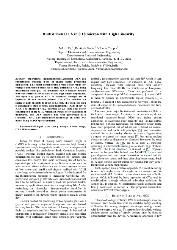 (PDF) Bulk driven OTA in 0.18 micron with high linearity