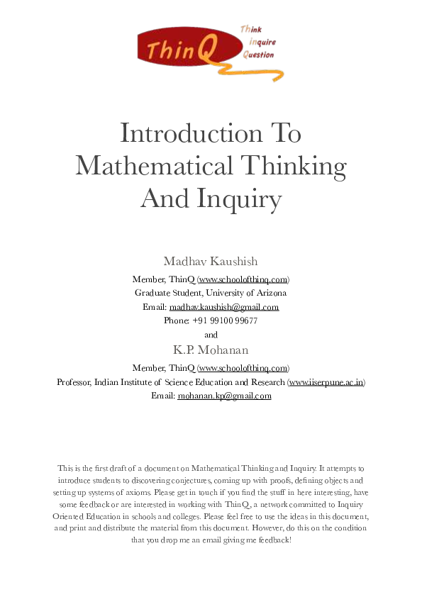 (PDF) Introduction to Mathematical Thinking and Inquiry