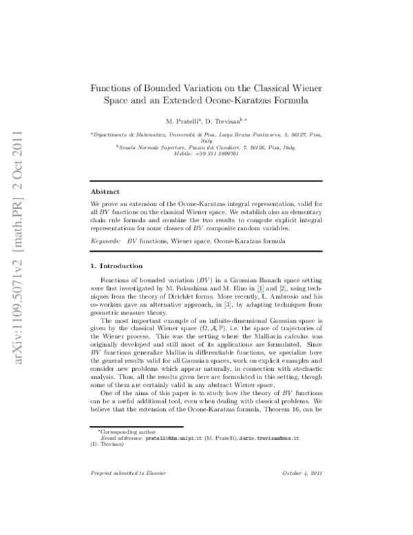 (PDF) Functions of bounded variation on the classical Wiener space and ...