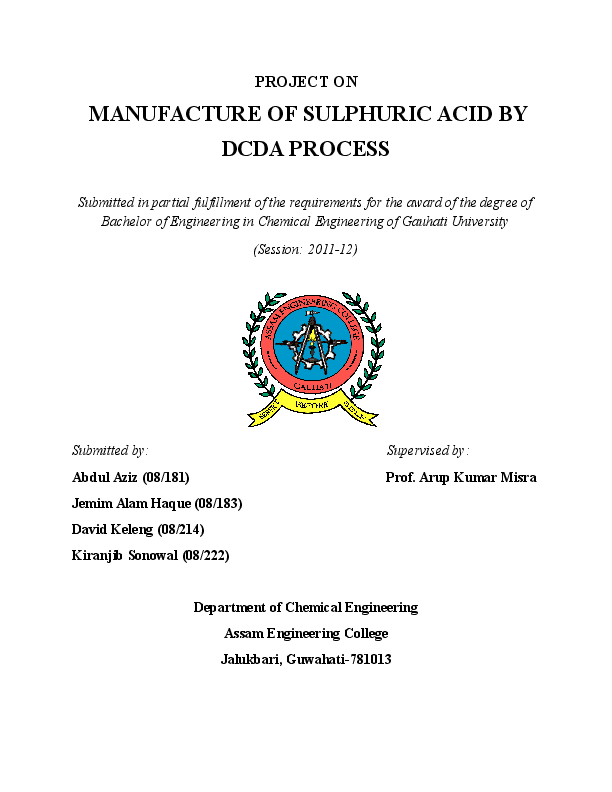 (DOC) PROJECT ON MANUFACTURE OF SULPHURIC ACID BY DCDA PROCESS