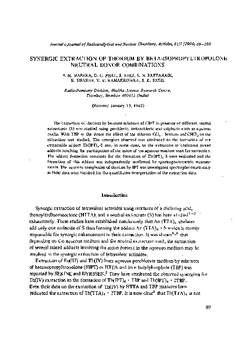 (PDF) Synergic extraction of thorium by beta-isopropyltropolone-neutral ...