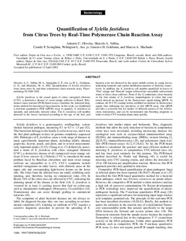 (PDF) Quantification of Xylella fastidiosa from Citrus Trees by Real ...