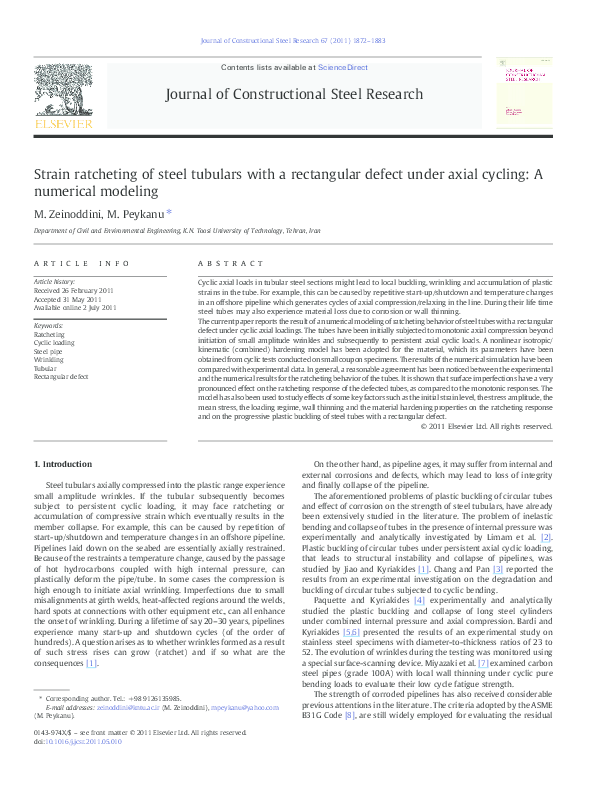 (PDF) Strain ratcheting of steel tubulars with a rectangular defect ...